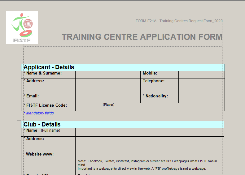 Application for FISTF Training Centre
